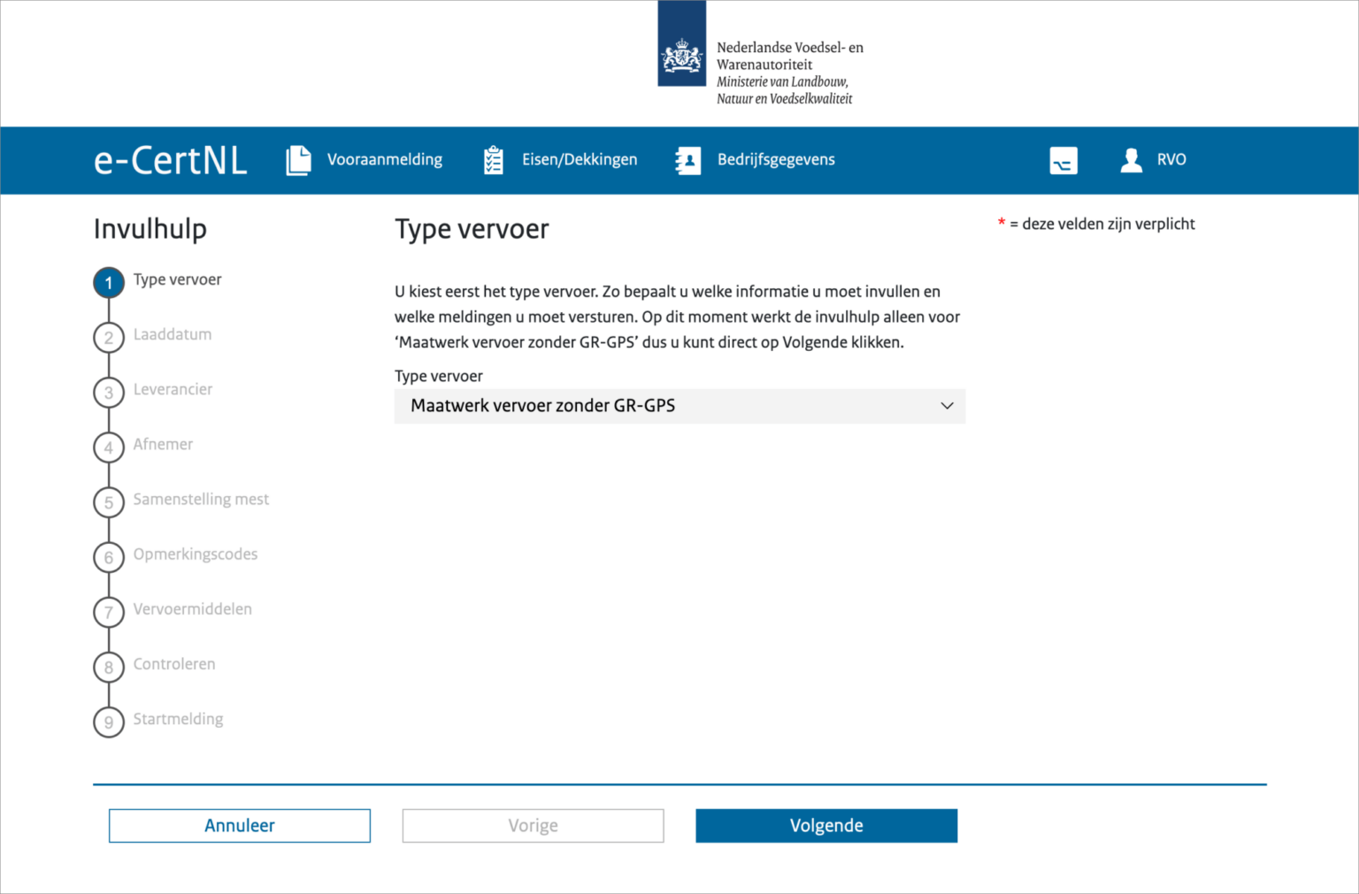 Stap 1 Type vervoer | e-CertNL